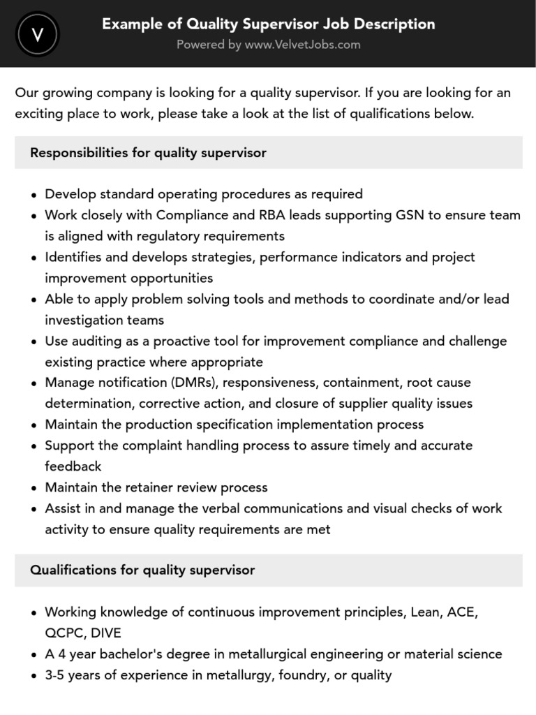 Quality Supervisor Job Opening | PDF | Career & Growth | Business