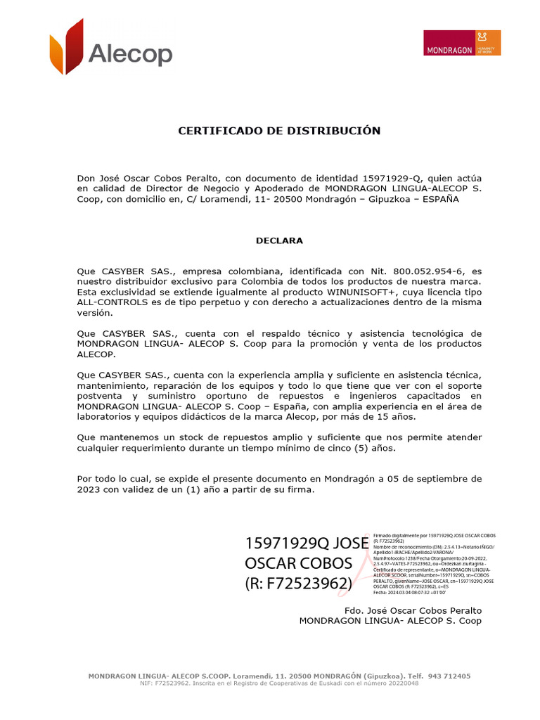 Carta Distribuidor Exclusivo y Servicio Tecnico | PDF