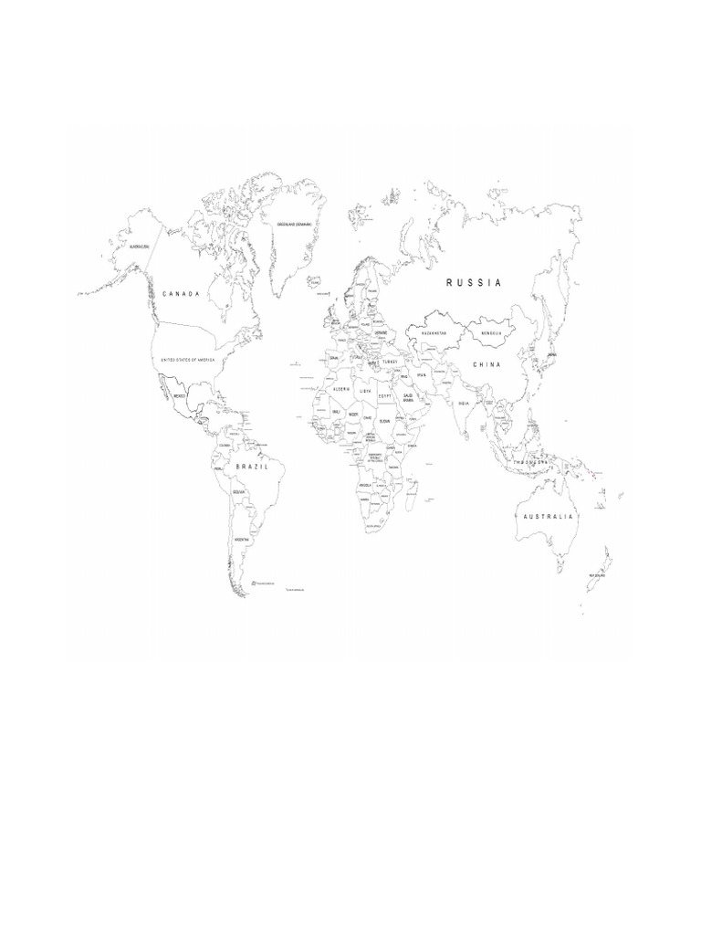 Printable Black and White World Map With Country Names - JPG | PDF