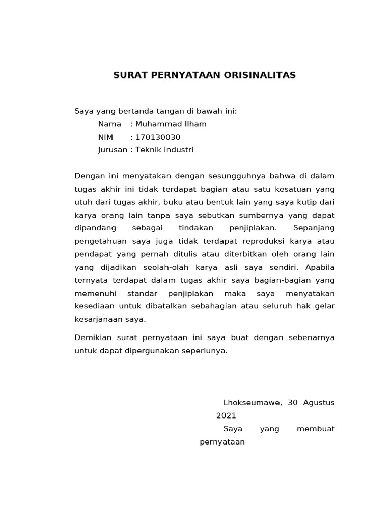 Surat Pernyataan Orisinalitas | PDF