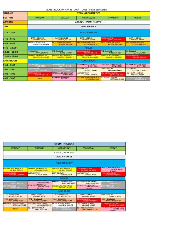 Updated 1st Semester Grade 11 Class Schedule | PDF