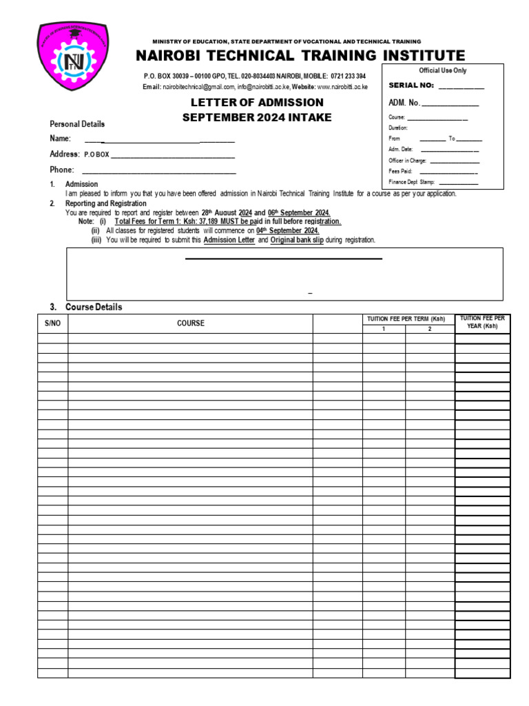 NTTI Admission Letter and Fee Structure | PDF | Cheque | Banks