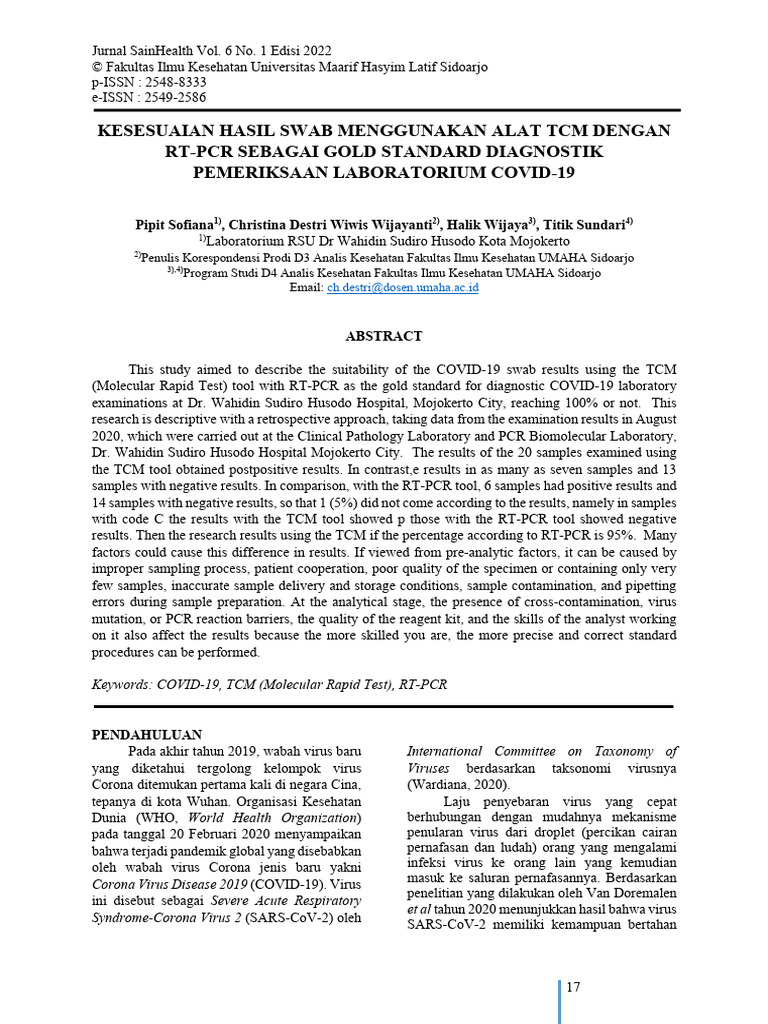 Kesesuaian Hasil Swab Menggunakan Alat TCM Dengan RT-PCR Sebagai Gold ...