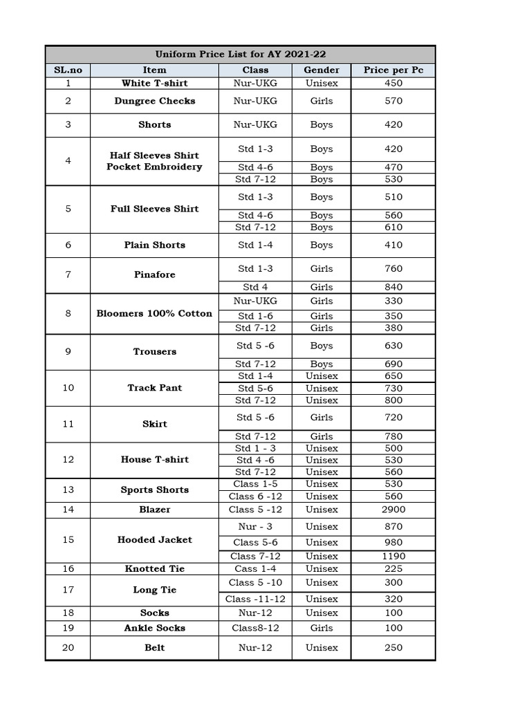 Uniforms - Price List - 2021-22 | PDF