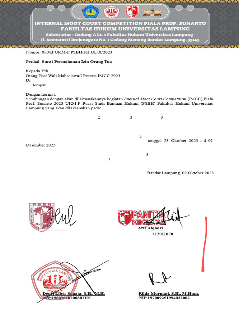 SURAT IZIN IMCC Piala Prof. Sunarto 2023 | PDF