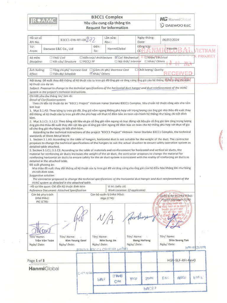B3CC1-DW-RFI-0272 - Proposal To Change To The Technical Specifications of The Horizontal Duct ...
