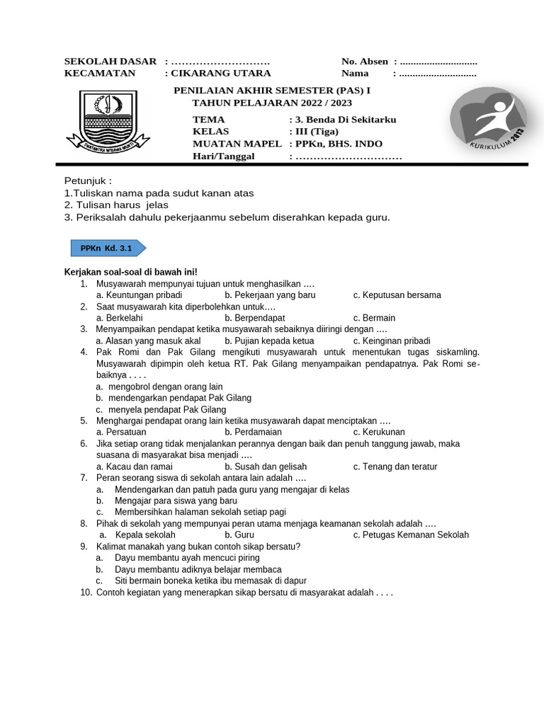 Pas 1 Tema 3 B.indo PPKN | PDF