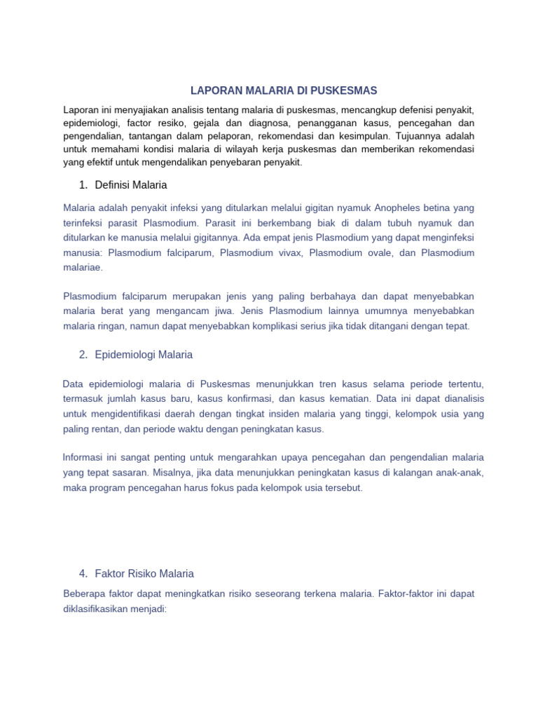 Definisi Malaria: Laporan Malaria Di Puskesmas | PDF