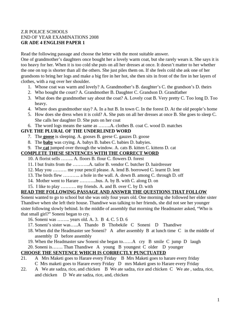 Grade 4 English Paper 1 2008 Tem 3 | PDF