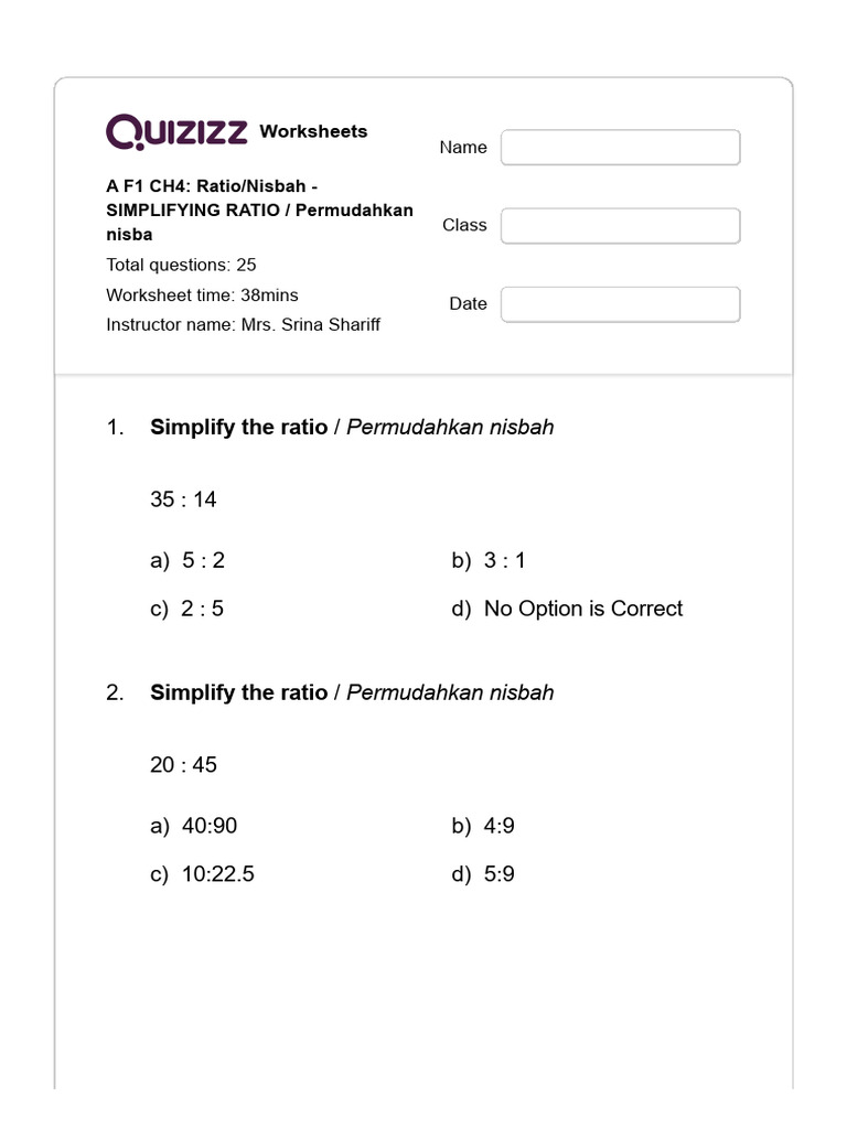 Simplifying Ratios Worksheet | PDF | Arab World | Onomastics