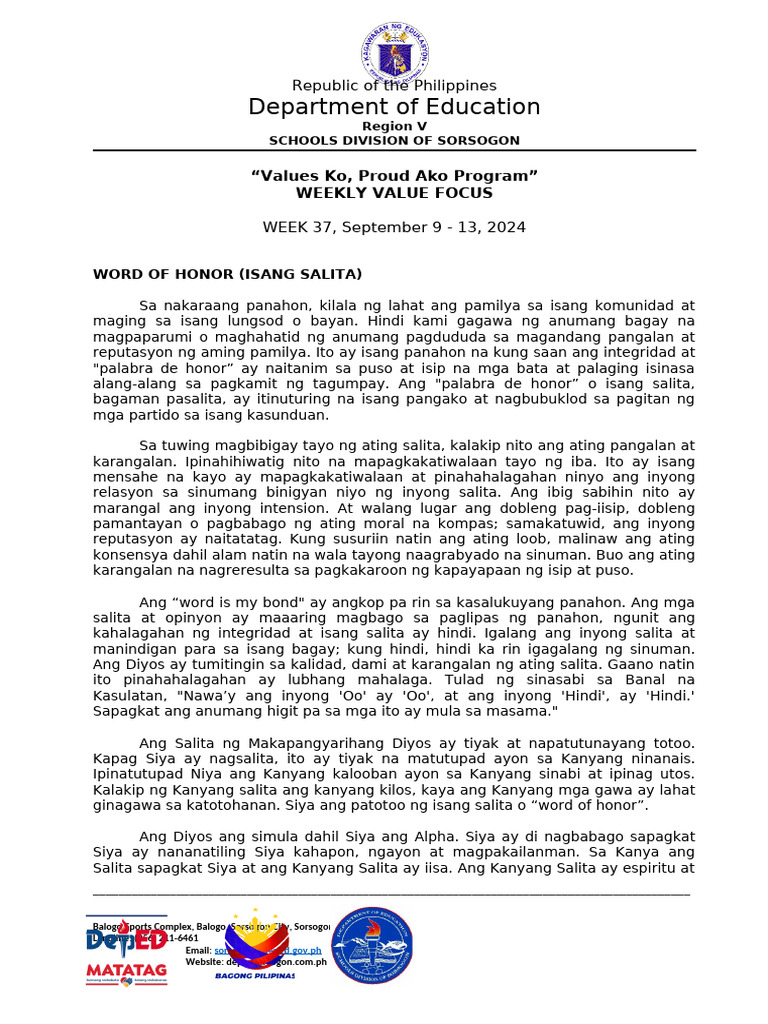 Value Focus of The Week Word of Honor | PDF