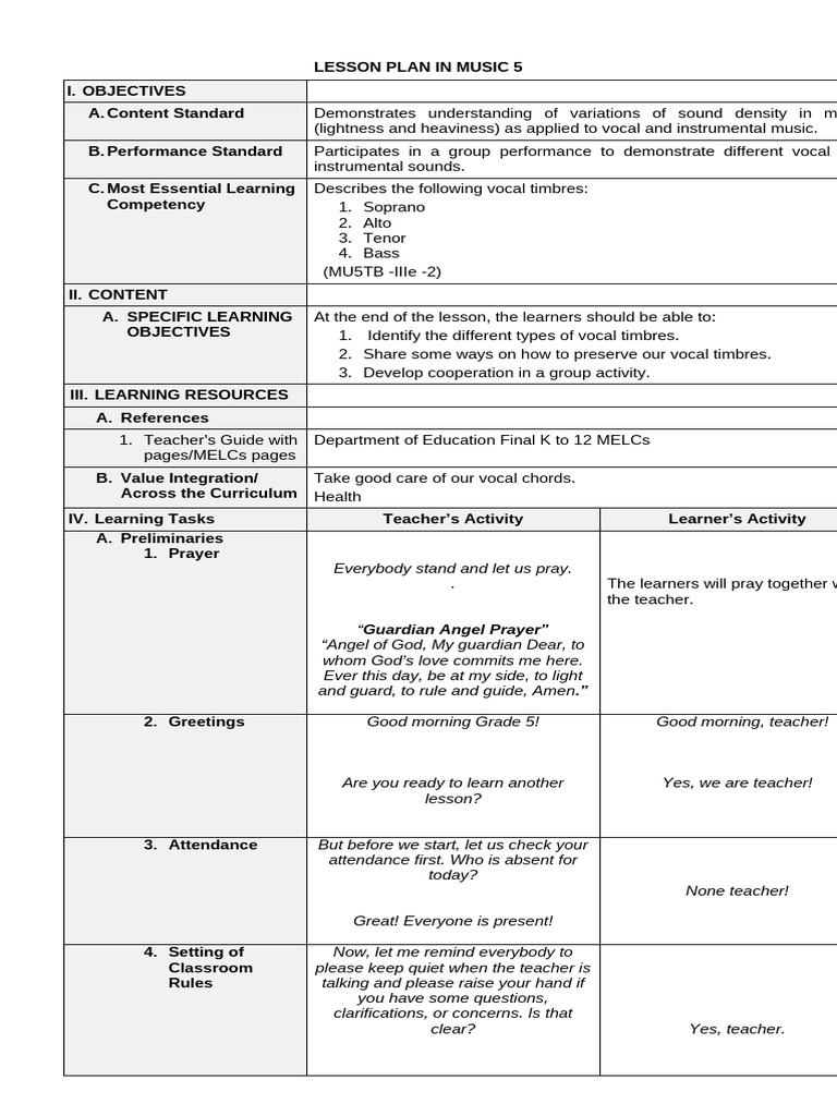 Lesson Plan in Music 5 1 1 | PDF