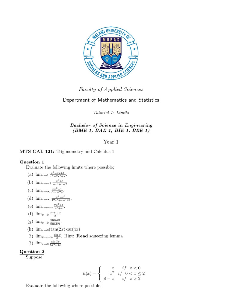 Tutorial 1 Limits | PDF