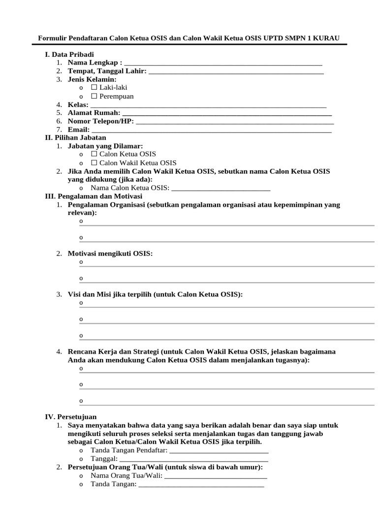 Formulir Pendaftaran Ketua OSIS Dan Wakil Ketua OSIS UPTD SMPN 1 KURAU ...