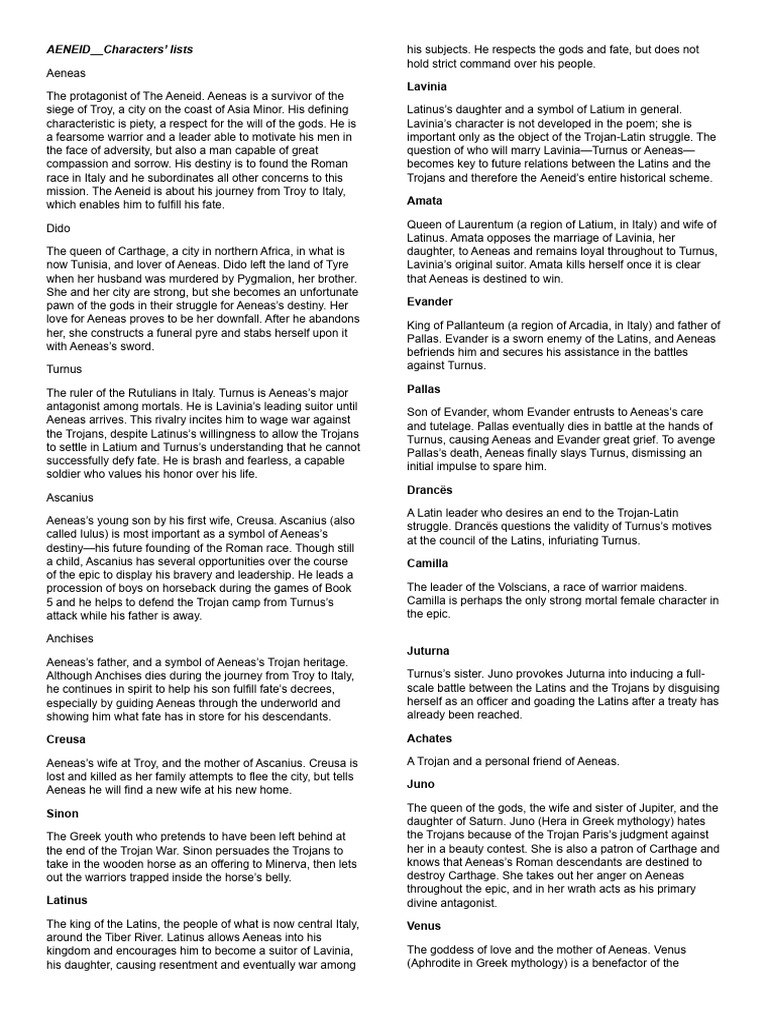 Aeneid Characters g10 | PDF