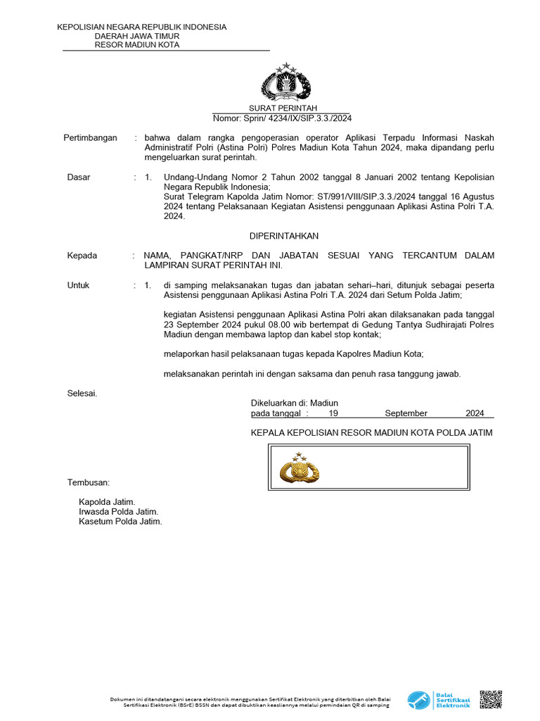 Sprin Peserta Asistensi Astina Polri Setum | PDF