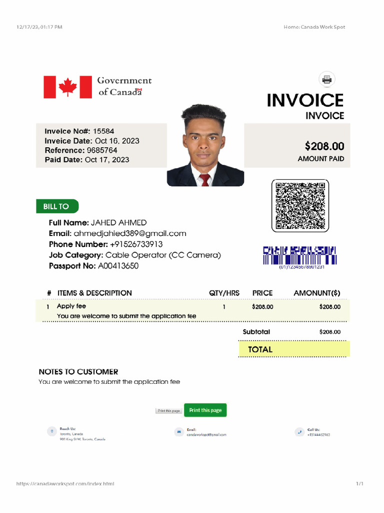 Canada Visa Invoice - 15584 | PDF