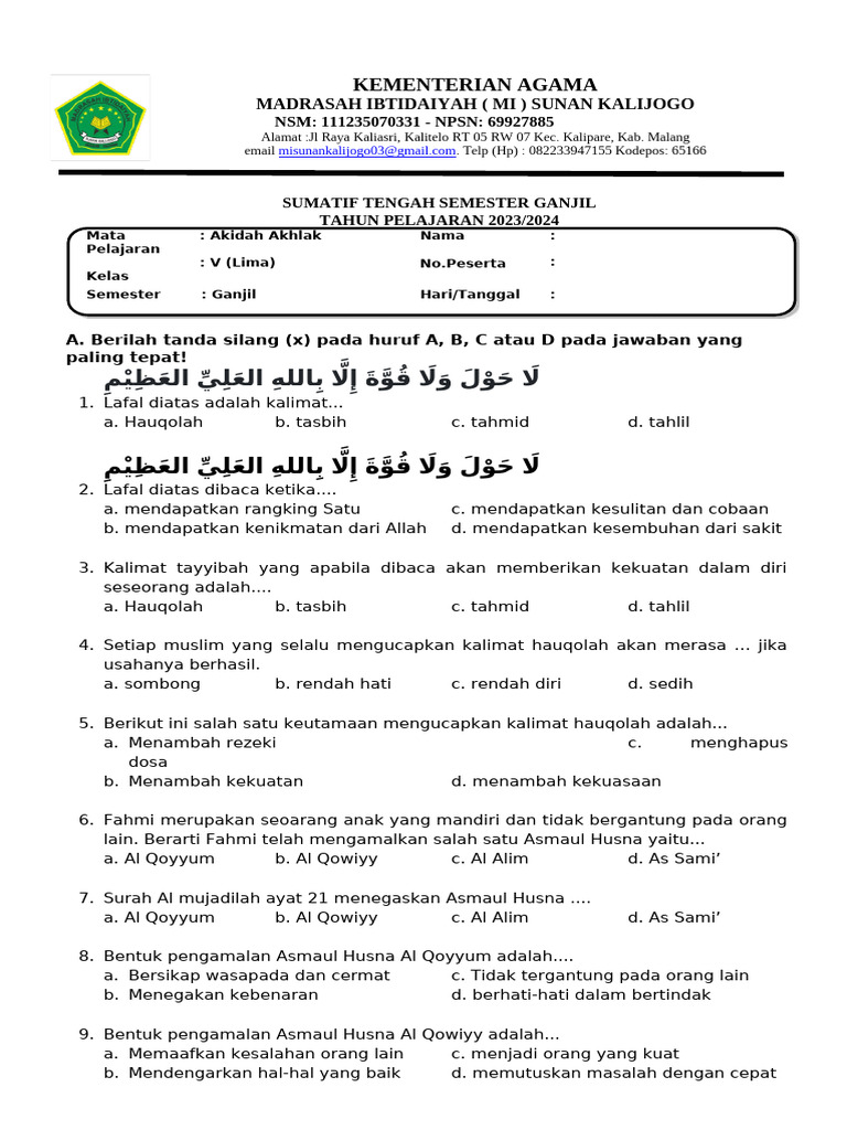 Soal PTS Akidah Akhlak Kelas 5 | PDF