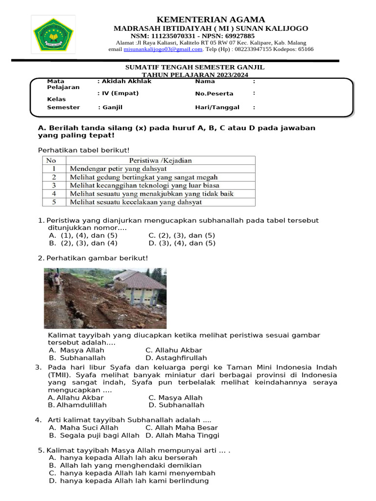 Soal PTS Akidah Akhlak Kelas 4 | PDF