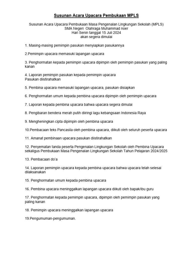 Susunan Acara&Doa Pembukaan MPLS 2024 | PDF