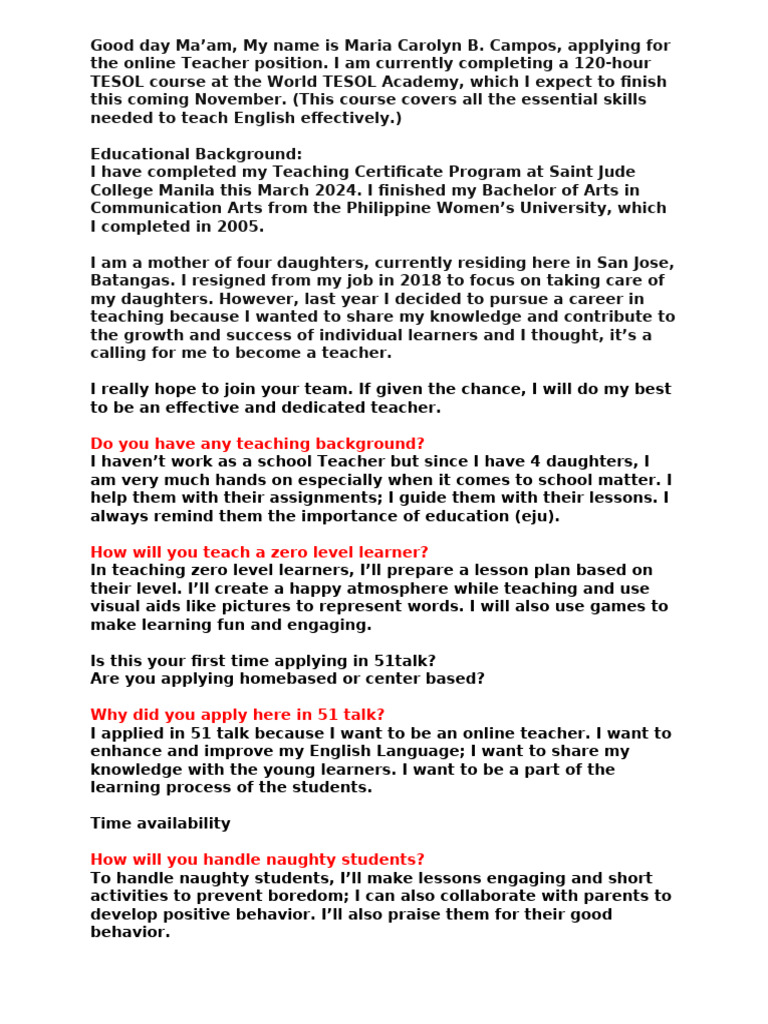 ESL Job Possible Interview Questions | PDF