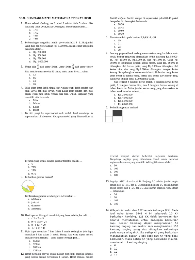 Soal + Jawaban Olimpiade Mapel Matematika Tingkat SD | PDF