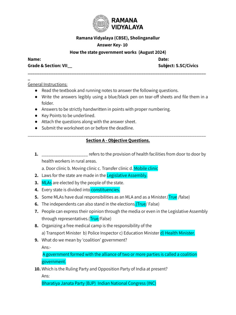 Answer Key10 - How The State Government Works (24-25) | PDF | Legislature | Finance & Money ...
