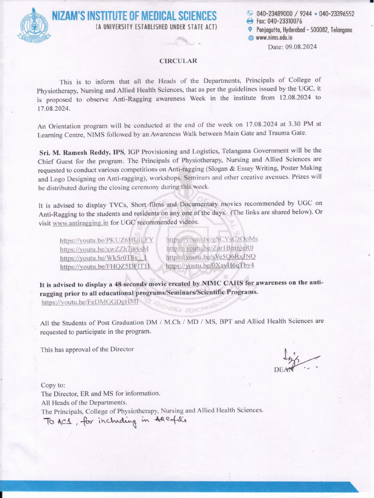 Anti Ragging Awareness - Circular | PDF