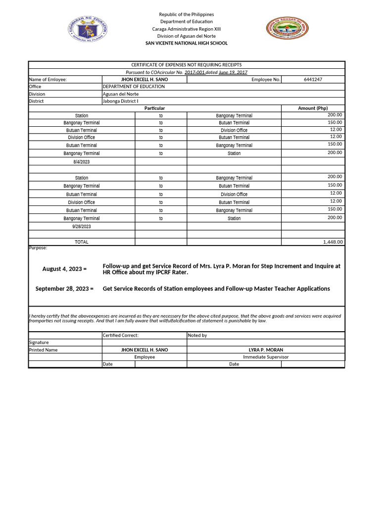 02 Certificate of Expenses SVNHS | PDF