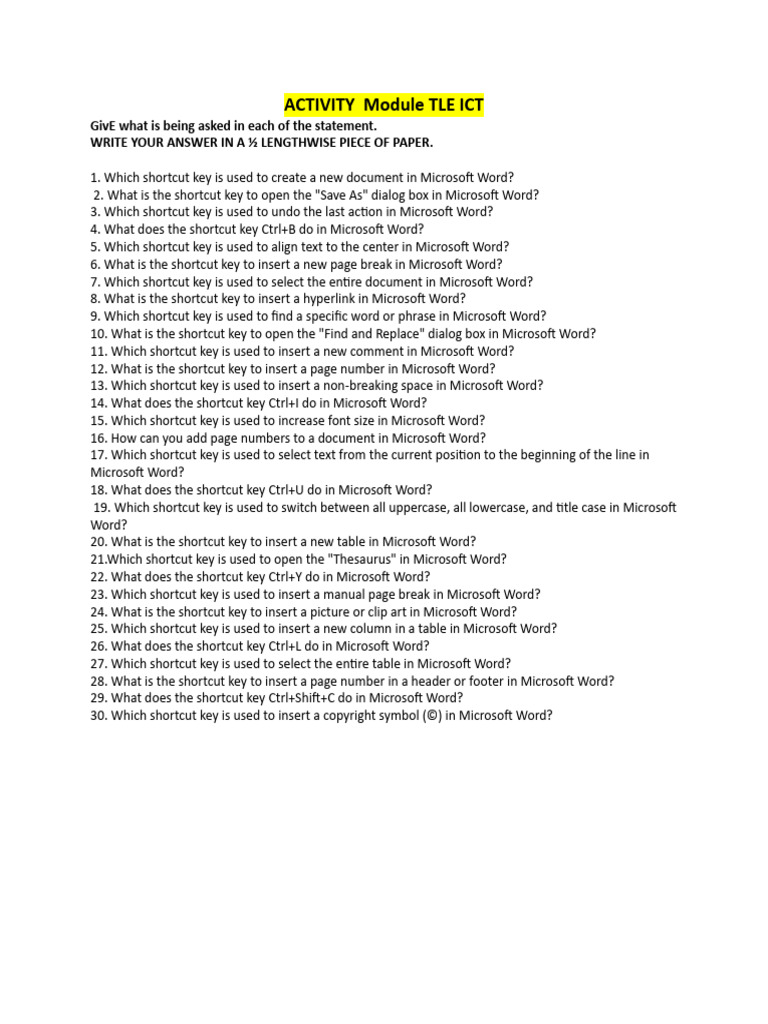 ACTIVITY Module TLE ICT - Docx Shortcut Keys | PDF
