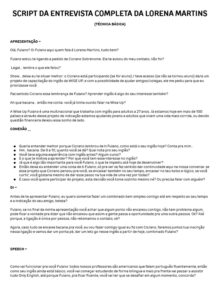 Script Da Entrevista Completa Da Lorena Martins (1) .Docx - 20240830 - 094100 - 0000 | PDF