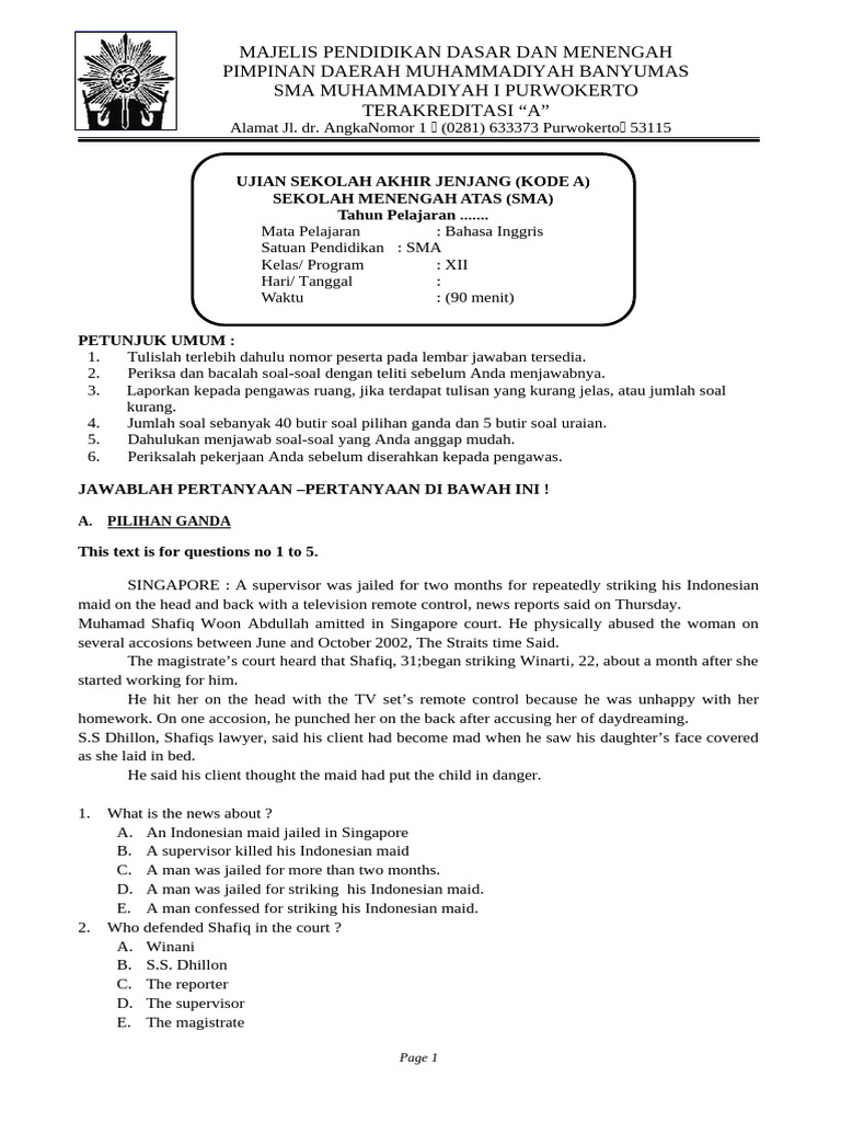 Soal Us B Bahasa Inggris KLS 12 2023 | PDF