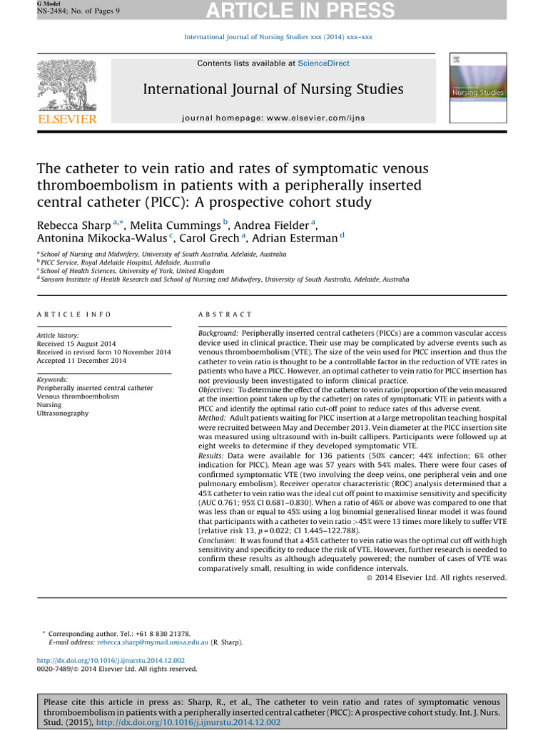 Sharp Et Al 2014-Catheter To Vein Ratio and Rates of Symptomatic Venous ...