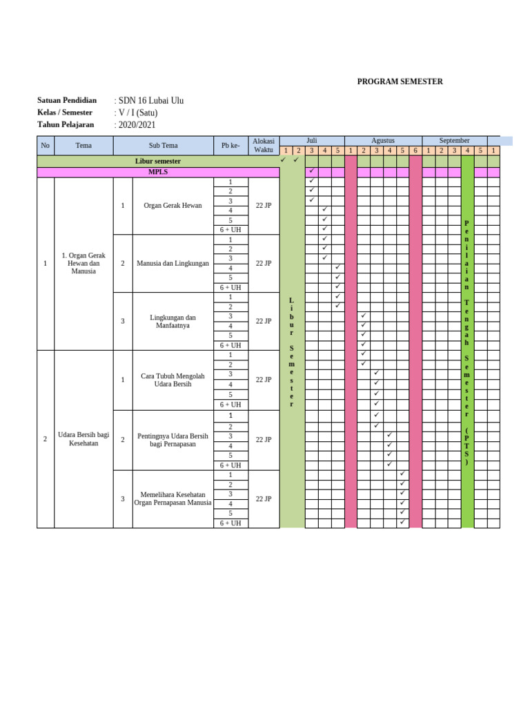 Program Semester Kelas 5 SDN 16 LU | PDF