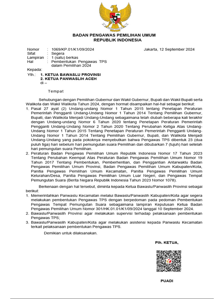 Surat Pengantar Dan SK Pedoman Pembentukan PTPS Pilkada 2024 | PDF