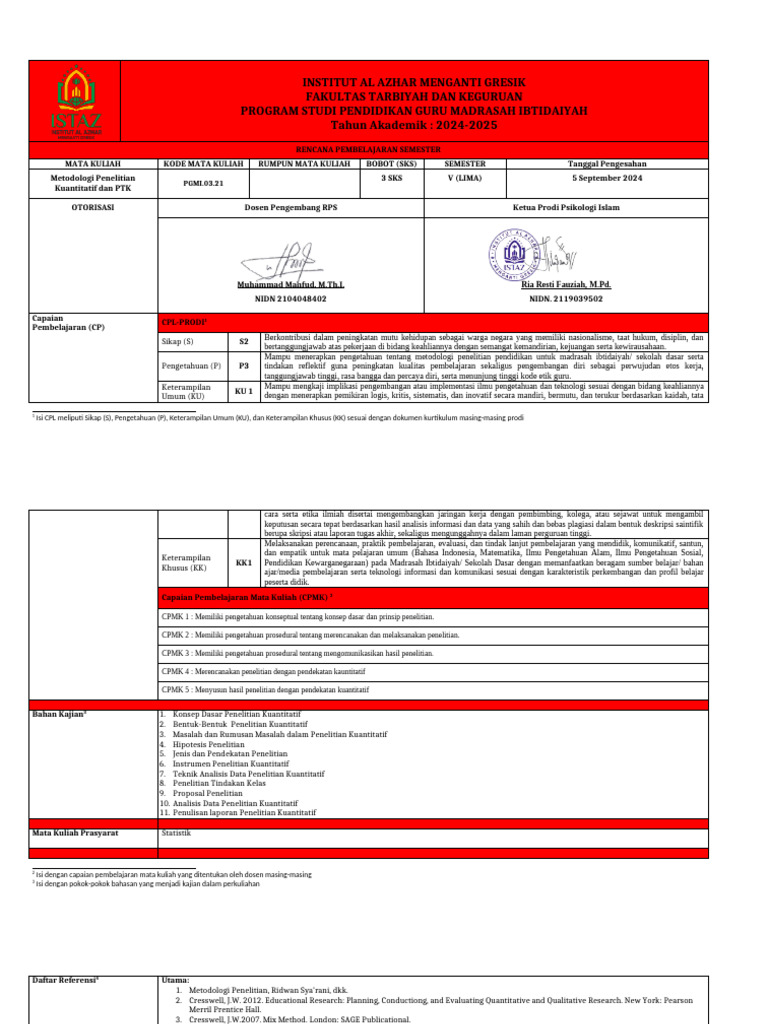 RPS Metpen Kuantitatif Dan PTK | PDF