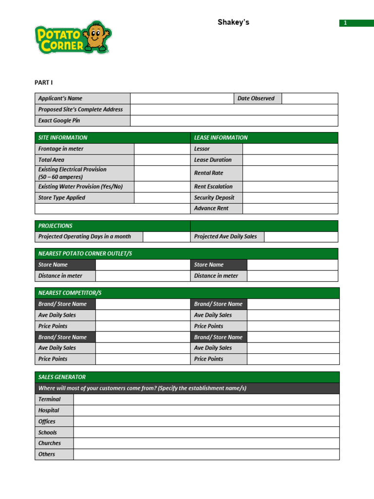 Potato Corner Market Study Site Analysis Form 2023 | PDF