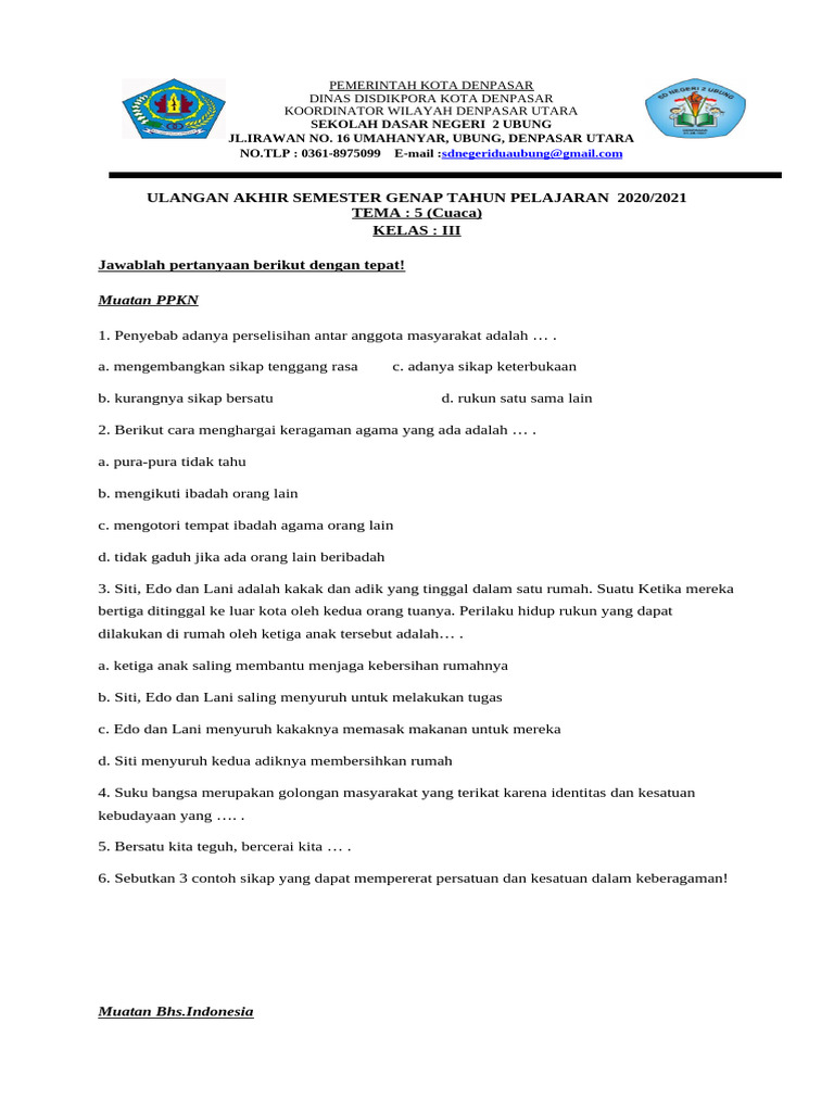 Soal Pas Kelas 3 Tema 5 (Cuaca) | PDF
