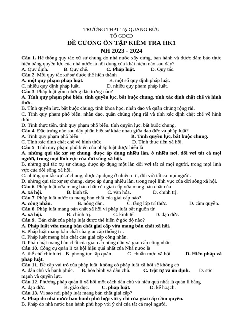 ĐỀ CƯƠNG ÔN TẬP KT HK1 - NH 23 24 - K12 | PDF