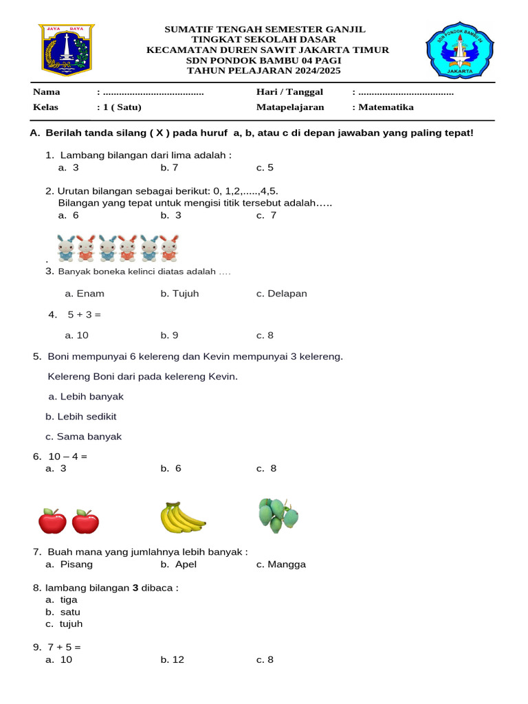 Soal STS Matematika Kelas 1 SMT 1 2024 | PDF