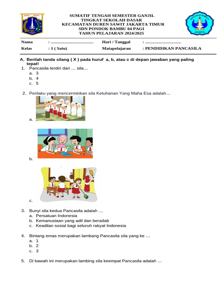 Soal STS PPKN Kelas 1 SMTS 1 Ikm 2024 | PDF