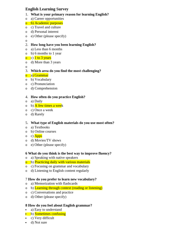 English Learning Preferences Survey | PDF | Career & Growth | Language ...
