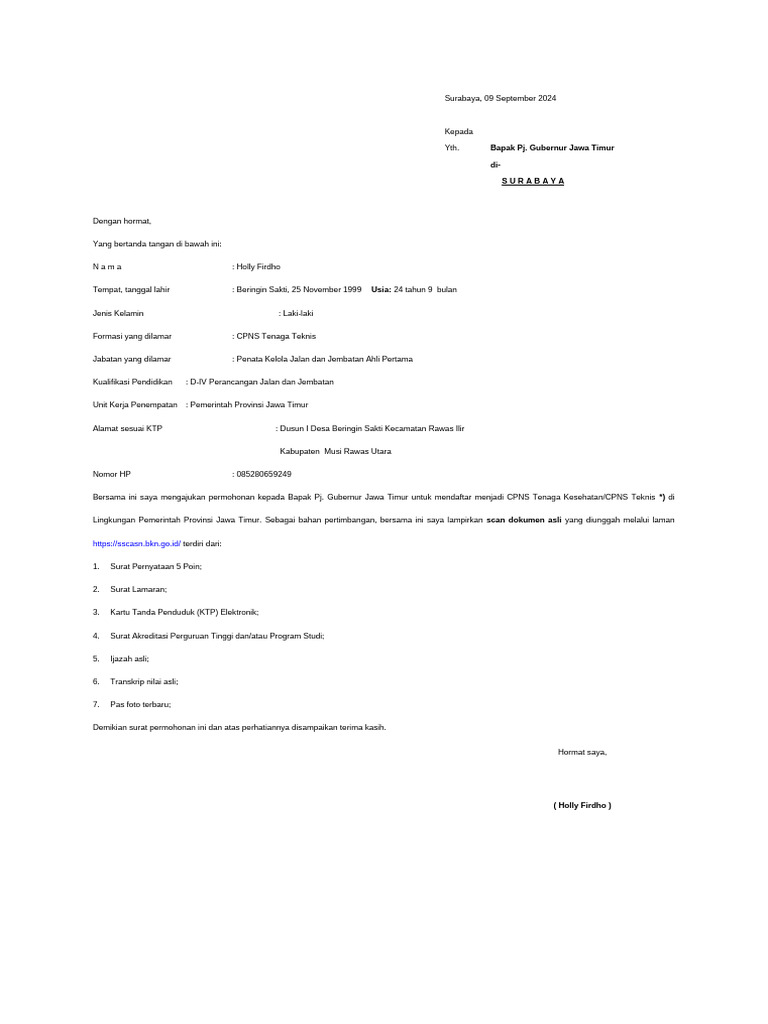 Surat Lamaran Kerja - Fix | PDF