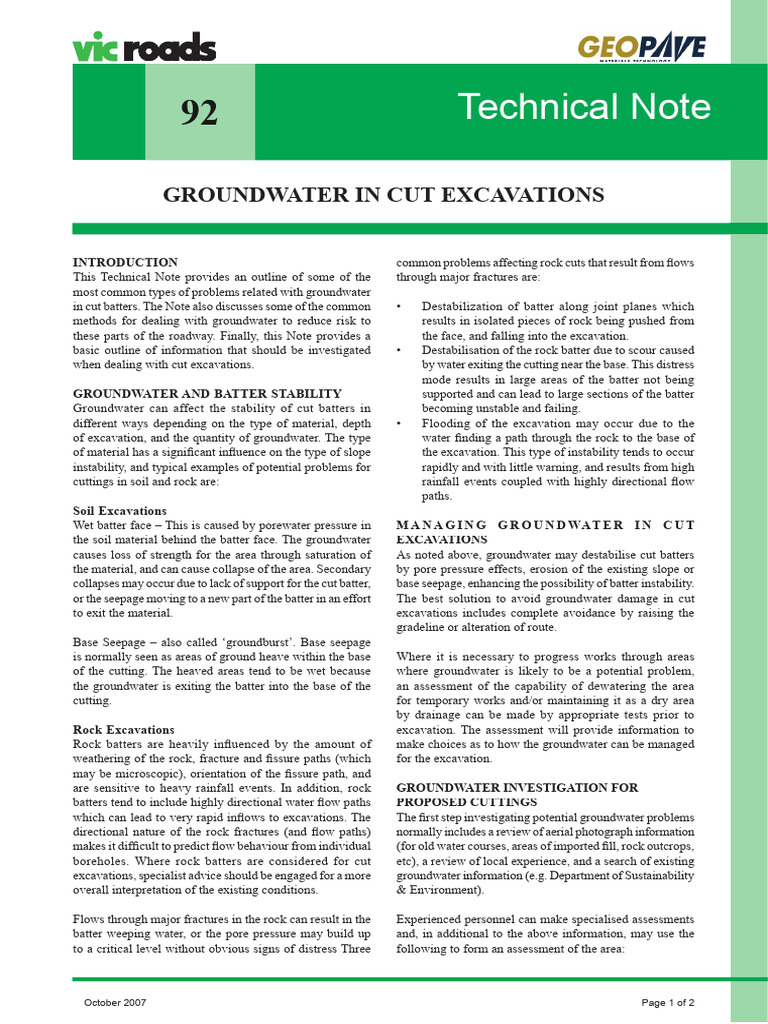 Technical Note TN 092 Groundwater in Cut Excavations | PDF