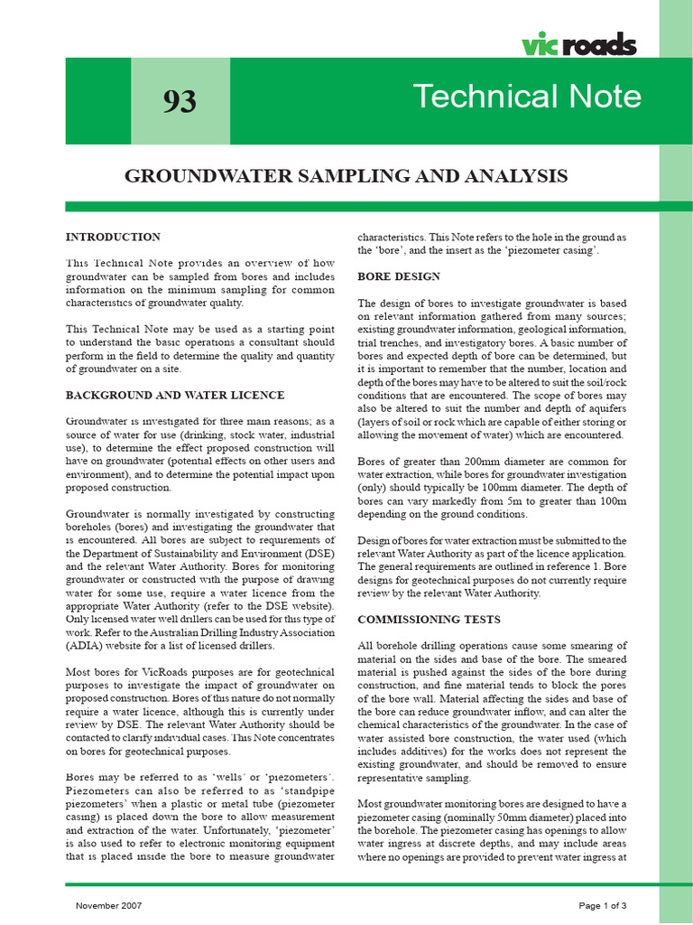 Technical Note TN 093 Groundwater Sampling and Analysis | PDF