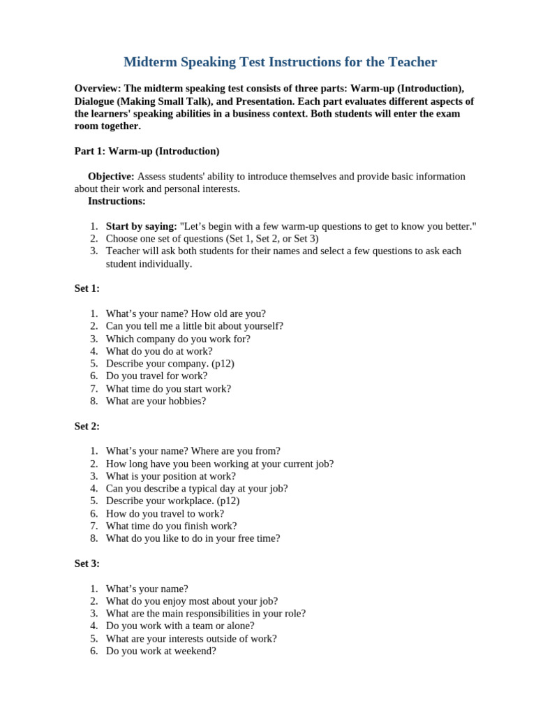 Midterm Speaking Test Instruction Pdf