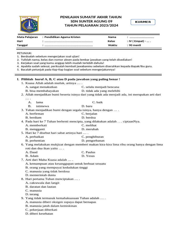 SOAL AAS Kelas 4 SD 20244 | PDF