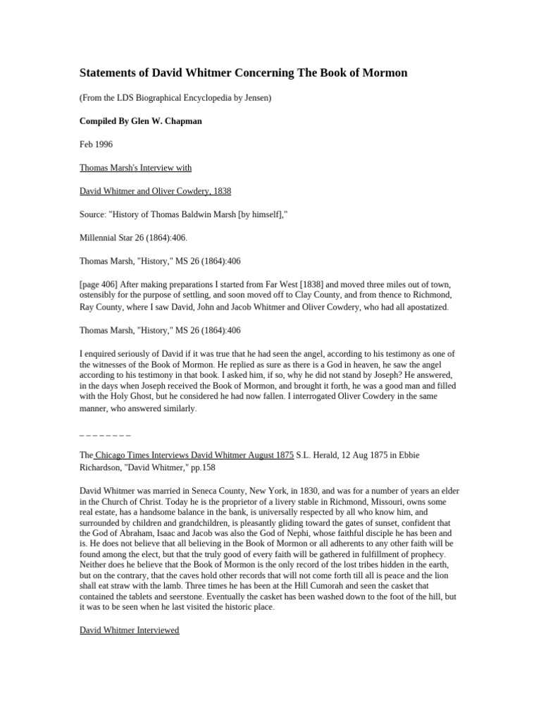 Statements of David Whitmer Concerning The Book of Mormon | PDF
