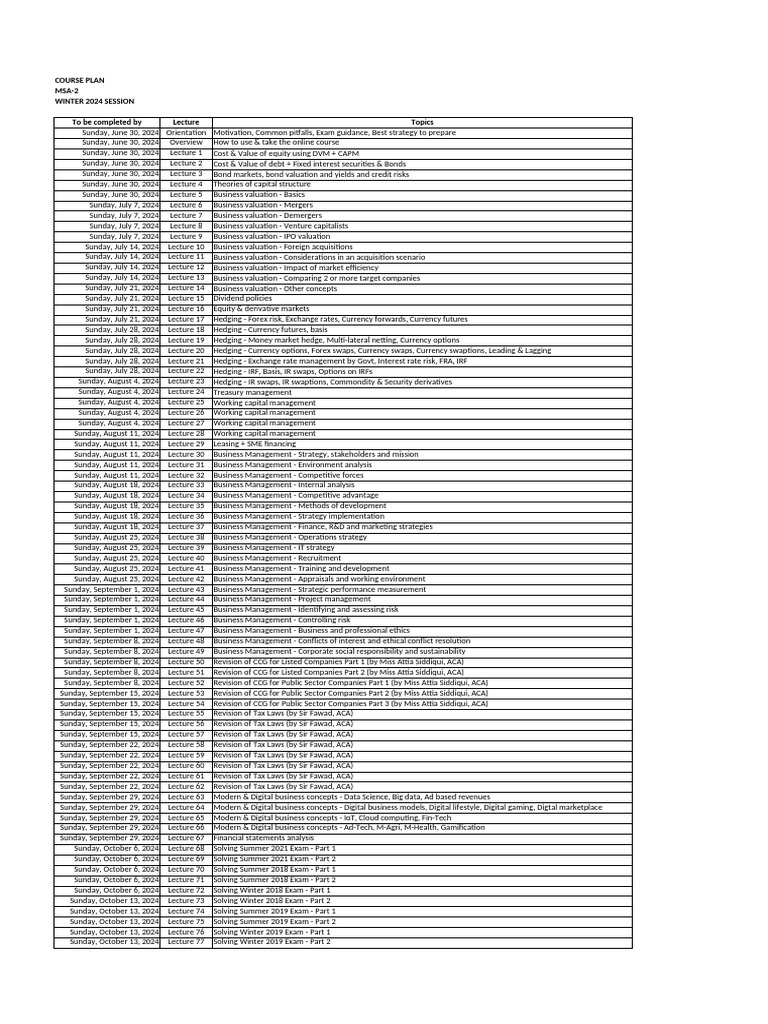 Course Plan - MSA 2 | PDF