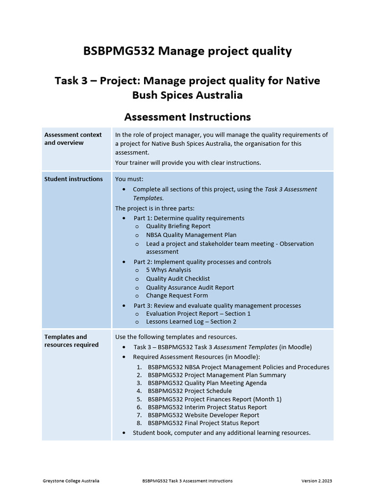 BSBPMG532 Task 3 Assessment Instructions V2.0523 | PDF